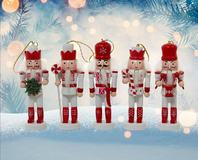 Christmas Nutcracker Tree Decorations Pack of 5 White & Red Nutcrackers