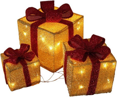 Christmas Set of 3 Light Up Gold Parcels with Red Bow(025C) - With 240v ...