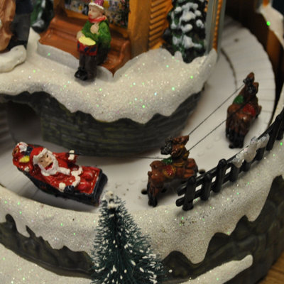 Christmas Toy Shop Scene Ornament with Lights Moving Santa Sleigh and Sound