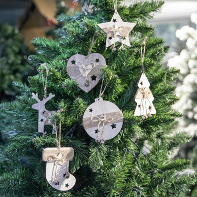 Christmas Tree Ornaments Wooden Aesthetic Hanging Decorations set of 6 pcs with Bells Xmas DIY Holiday