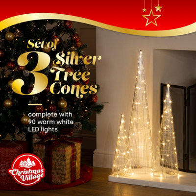 Christmas Village 3pc Light Up LED Glitter Tree Cones Set Xmas Tinsel ...