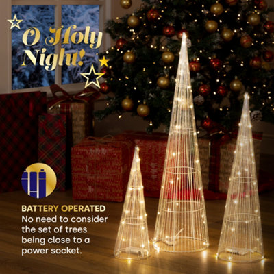 Christmas Village 3pc Light Up LED Glitter Tree Cones Set Xmas Tinsel ...