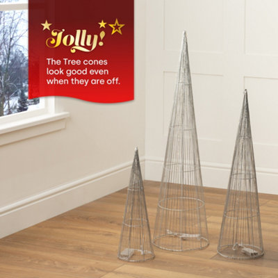 Christmas Village 3pc Light Up LED Glitter Tree Cones Set Xmas Tinsel ...