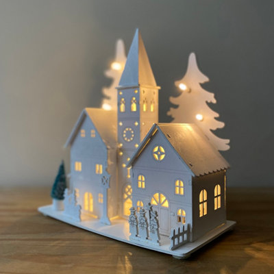 Christmas Village Alpine Scene Decoration White Wooden Ornament with LEDs