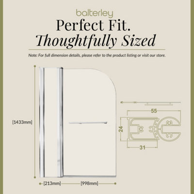 Chrome 6mm Glass Reversible Shower Bath Screen Fixed Panel 1433 x 998mm