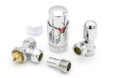 Chrome Angled Thermostatic Radiator Valve TRV and Lockshield Twin Pack ...