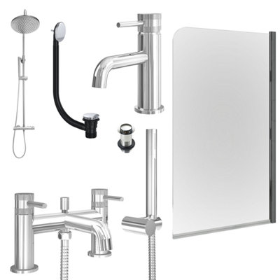 Chrome Basin Mixer Tap, Bath Shower Mixer and Rigid Shower with ...