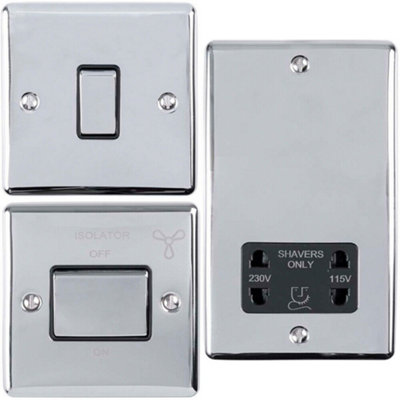 Chrome Bathroom Switch Set 1 Light 1 Fan Isolator 1 Twin Shaver