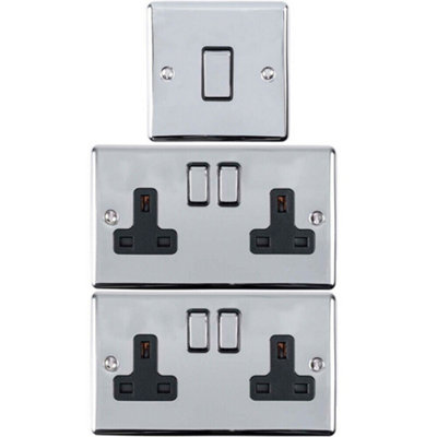 CHROME Bedroom Socket & Switch Set - 1x Light & 2x Double UK Power ...