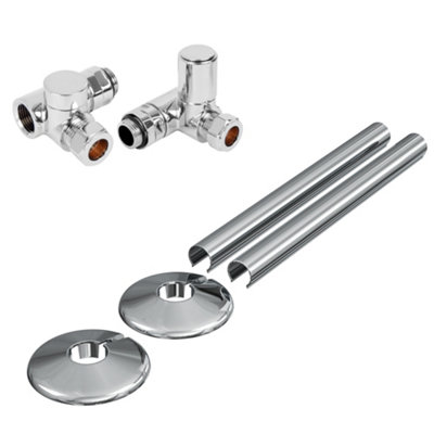 CHROME DUAL FUEL CORNER RADIATOR VALVE SET WITH 1/2" X 15MM CONNECTIONS ...