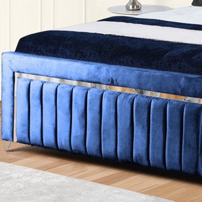 Chrome edge Blue Plush Valvet Upholstered Bed Frame - Slatted Base with ...