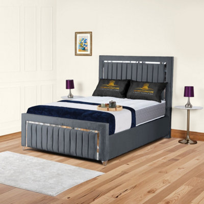 Chrome edge Steel Plush Valvet Upholstered Gas Lift Ottoman Storage Bed ...