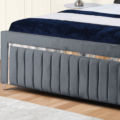 Chrome edge Steel Plush Valvet Upholstered Gas Lift Ottoman Storage Bed ...
