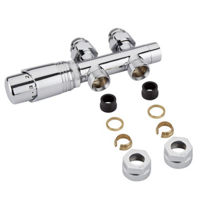 Chrome H Block Straight Radiator Valve TRV 15mm Copper Adapters