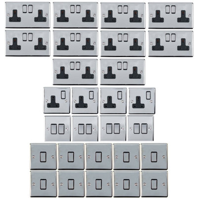 CHROME House Socket & Switch Set -14x Light & 14x Switched UK Power Sockets