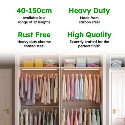 Chrome Oval Wardrobe Rail, Set of 2x 40cm Wall Mounted Clothes Hanging Rail