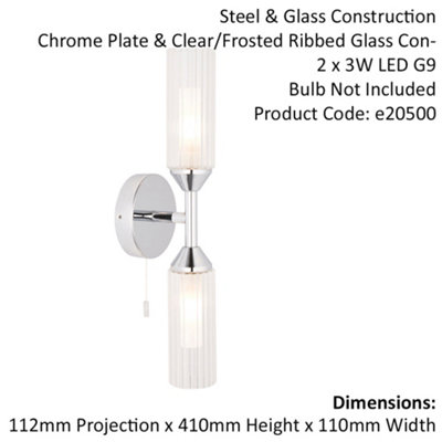 Chrome Plated Twin Bathroom Wall Light - Ribbed Glass Shade & Frosted ...