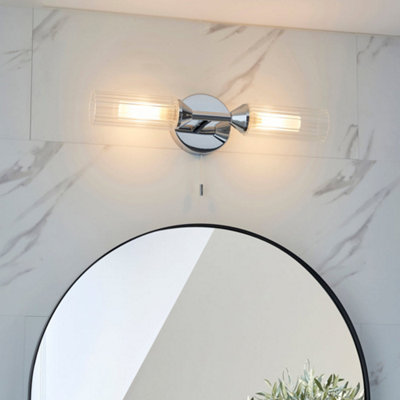 Chrome Plated Twin Bathroom Wall Light - Ribbed Glass Shade & Frosted ...