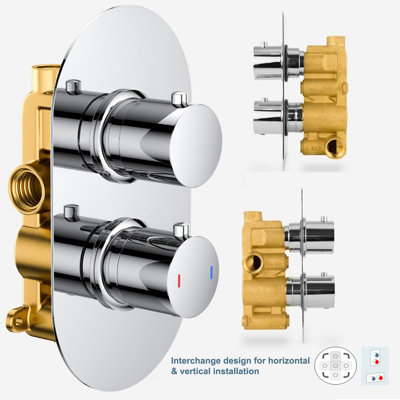 Chrome Round Twin Dual Concealed Thermostatic Shower Mixer Valve Single Outlet