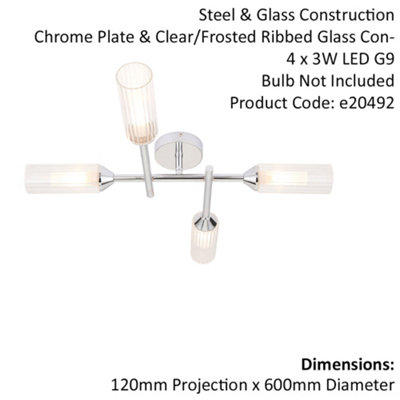 Shop Chrome Semi Flush Bathroom Ceiling Light - Ribbed & Frosted Glass - 4 Bulb