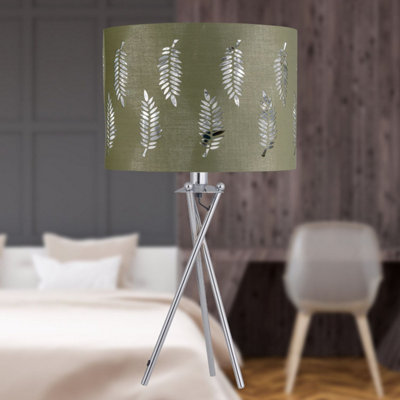 Chrome Tripod Table Lamp with Sage Green Fern Cut Out Shade