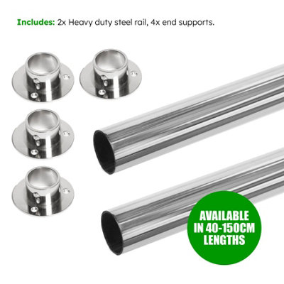 Chrome Wardrobe Rail, Set of 2x 40cm Wall Mounted Clothes Hanging Rail