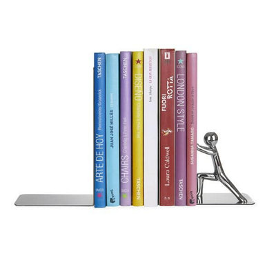 Chrome Zinc Stickman Figure Pushing Books Upright Metal Bookends