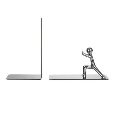 Chrome Zinc Stickman Figure Pushing Books Upright Metal Bookends
