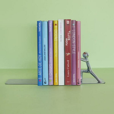 Chrome Zinc Stickman Figure Pushing Books Upright Metal Bookends