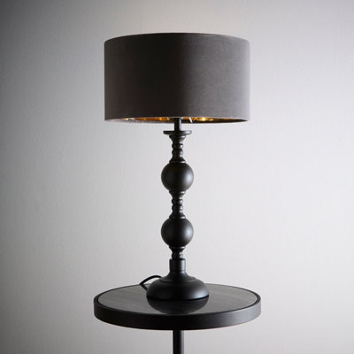 Churchgate Black Metal Base Table Lamp with Grey Velvet Shade
