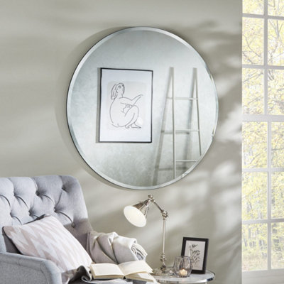 Circular Simplistic Mirror With Bevelled Edge Round Shape Black Frame ...