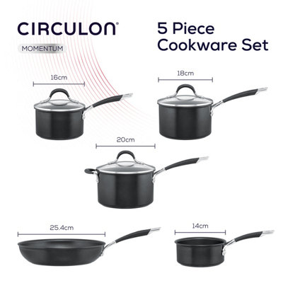 Circulon Momentum Black Round Aluminium Induction Suitable Non-Stick Pots and Pans Set Pack of 5