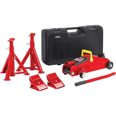 CLARKE TROLLEY JACK 2 TONNE TON HYDRAULIC WHEEL CHOCKS & AXLE STAND SET ...