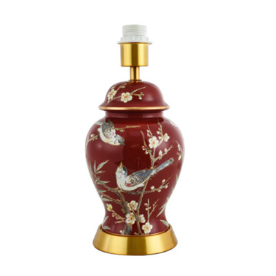 Classic Ceramic Lamp Base in Glossy Dark Burgundy with Birds and Floral ...