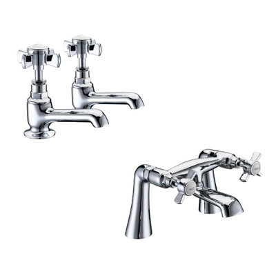 Classic Crosshead Basin Pillar Taps and Bath Filler Tap Set - Chrome