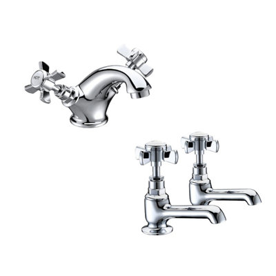 CLASSIC CROSSHEAD MONO BASIN MIXER TAP AND BATH TAPS SET - CHROME