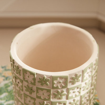 Classic Small Green Floral Checkerboard Indoor Flower Planter H10 x Dia11cm