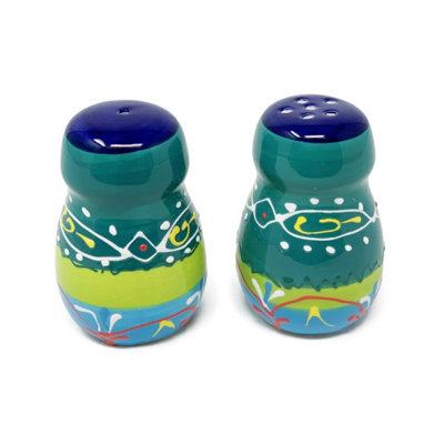 Classic Spanish Hand Painted Pattern Kitchen Dining Salt Pepper Pots H 5.5cm Blue Green
