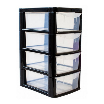 Clear & Black Plastic 4 drawer Tower unit (W) 19cm x (H) 40cm
