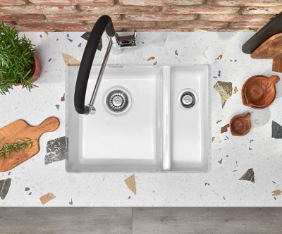 Clearwater Avola Ceramic White Gloss Kitchen Sink 1.5 Bowl Undermount ...