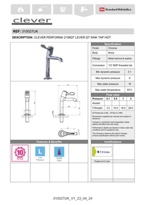 CLEVER Chrome Basin Tap (Hot Only), Traditional Pillar Design with ...