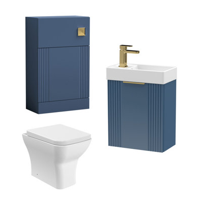 Cloakroom Suite - Fluted Wall Hung Vanity, WC, Toilet and Tap - Blue/Brass