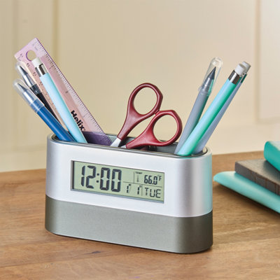 Clock Pen Holder with Time, Date, Temperature Display & Alarm - Sleek ...