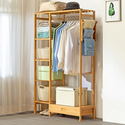 Clothes Rack Cabinet with Hooks Shelves and Drawer Natural