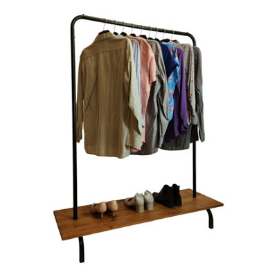 Clothes Rack Free Standing Black Frame with Handmade Medium Oak Shelf
