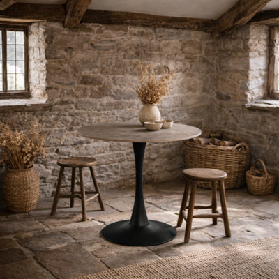Cloverfern 90cm Round Dining Table - Brown Ceramic Top, Matt Black ...