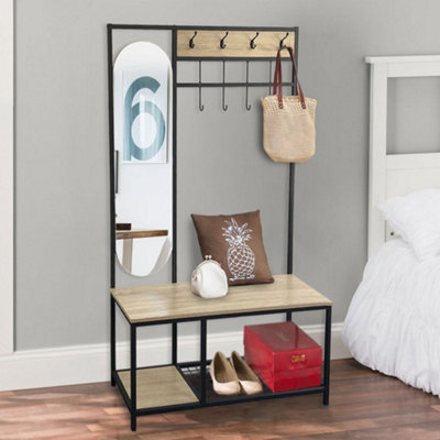 Coat Clothes Rack Hat Hanging with Shoe Bench and Mirror 1705mm H