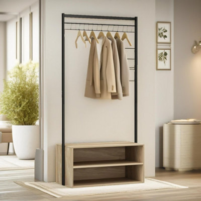 Coat Rack Stand With 2 Storage Shelves Oak Hallway Furniture