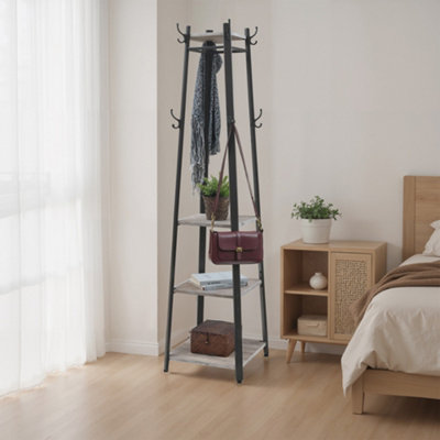 Coat Stand, Coat Rack with 8 Double Coat Hooks, 4 Shelves, Clothes ...