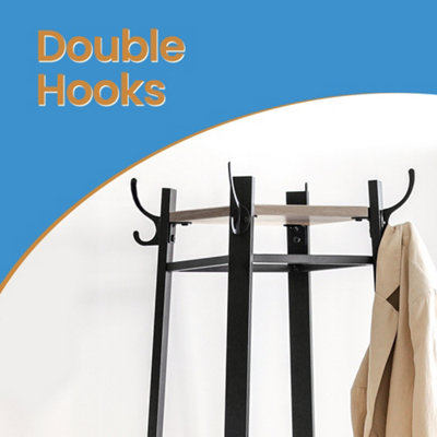 Coat Stand, Coat Rack with 8 Double Coat Hooks, 4 Shelves, Clothes ...